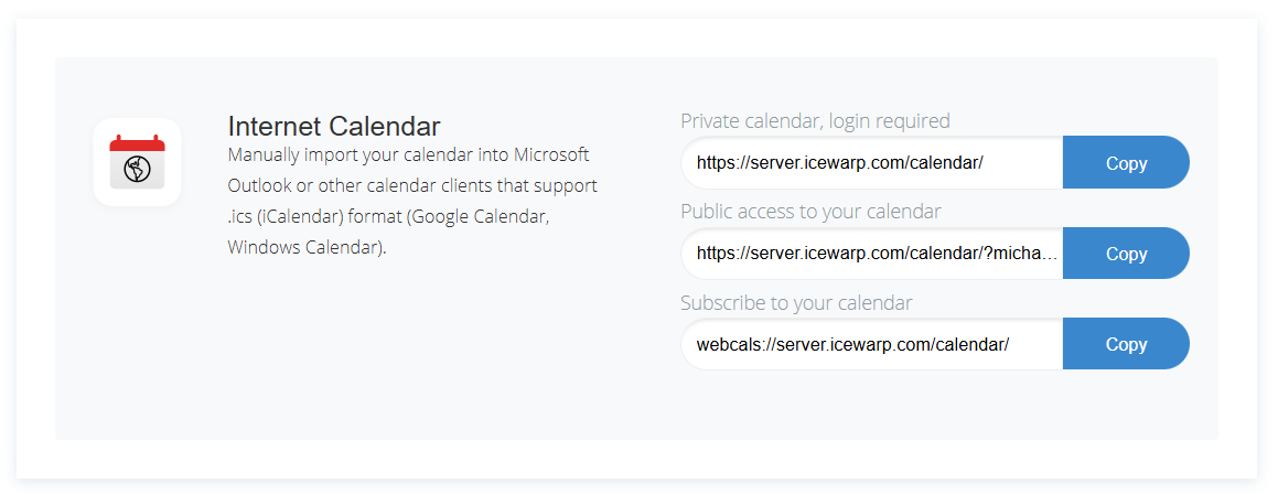 Calendar and WebDAV URL for integrations with other clients – IceWarp Help Center
